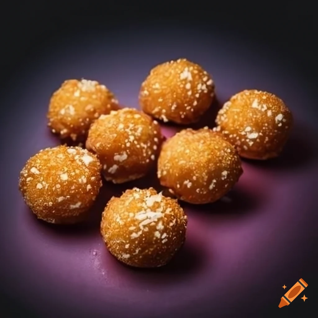 Crispy fried dough mini balls in a box with golden-brown shell and ...