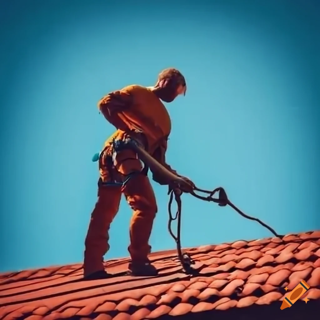 Man installing safety ropes on a roof on Craiyon