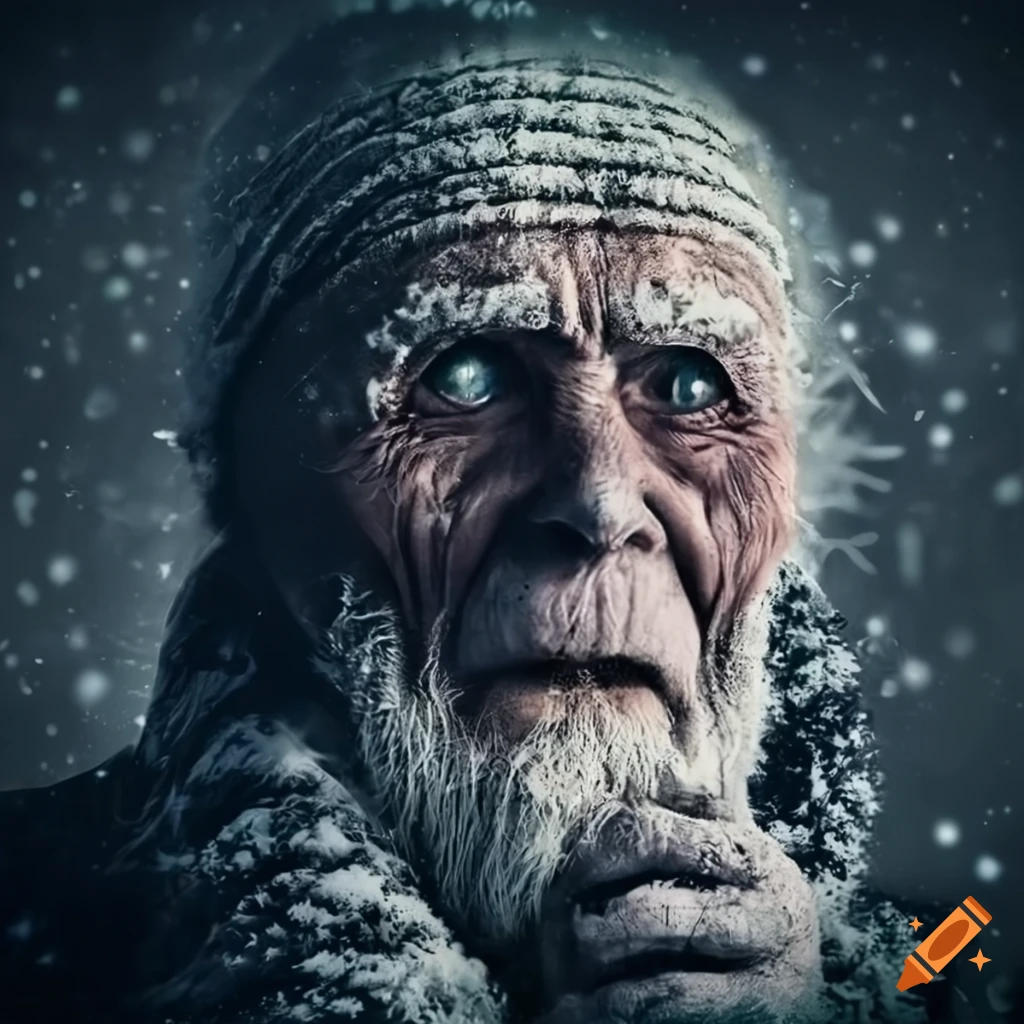 Vintage photo of an old man frozen in the snow on Craiyon