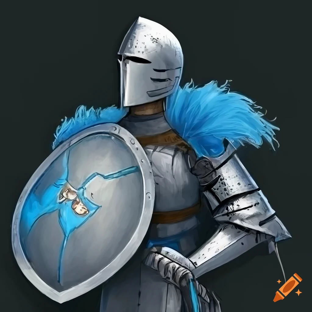 Knight in gray with giant shield and sallet with blue accents in a ...