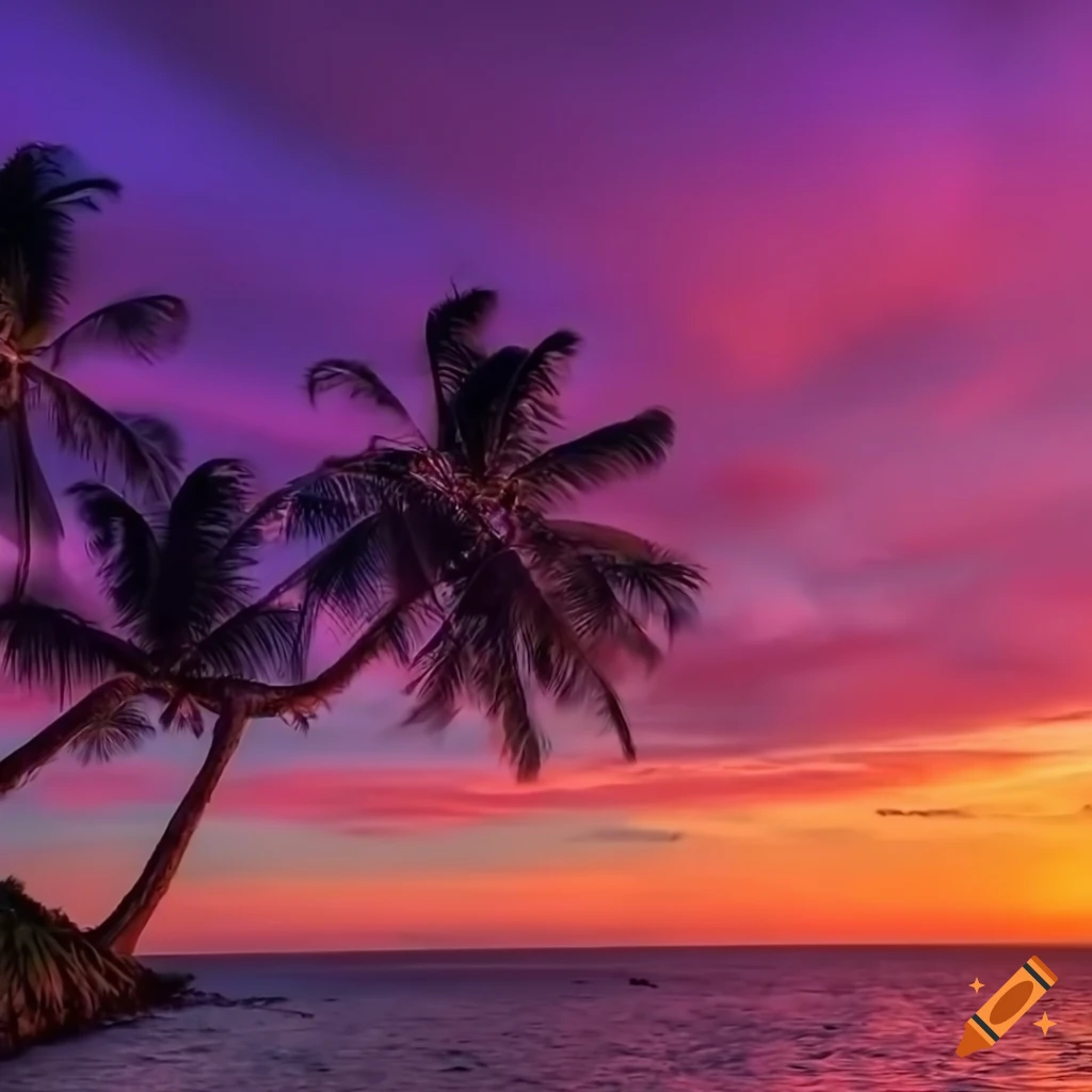Tropical sunset on Margarita Island with orange, pink, and purple sky ...