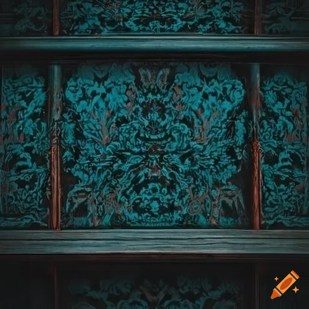Neon victorian patterned wallpaper with an empty wooden shelf on Craiyon