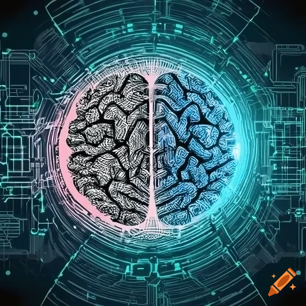 Futuristic high-tech brain with neural network patterns in pencil ...