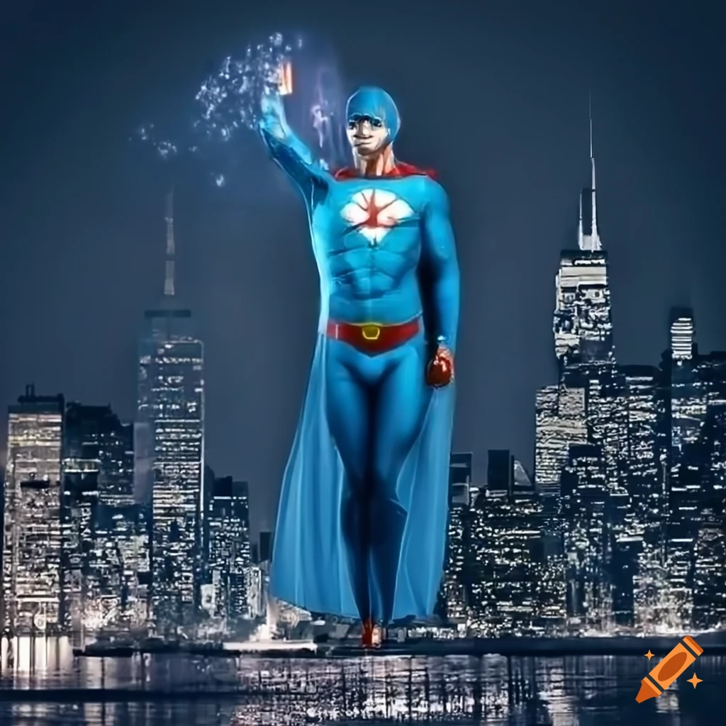 Electric pulse superhero flying over new york city on Craiyon