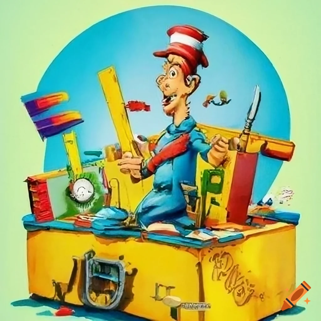 Colorful humorous illustration of a handsome handyman with a toolbox ...