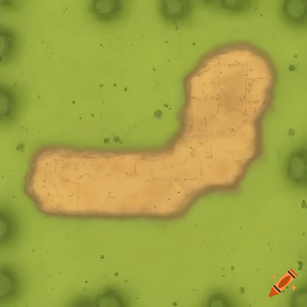 Top-down battlemap of grass plains with dirt and gravel roads on Craiyon