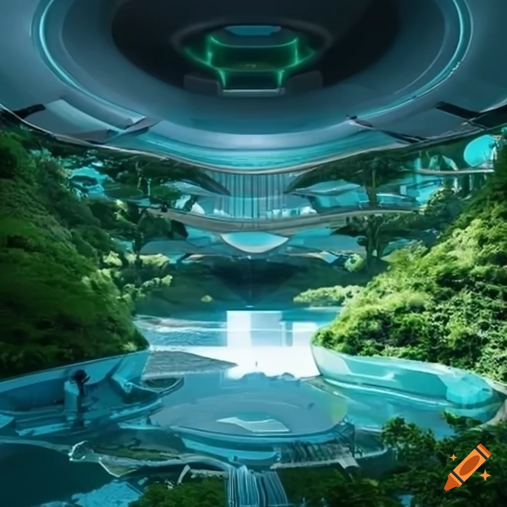 Futuristic space base design surrounded by lush greenery on Craiyon