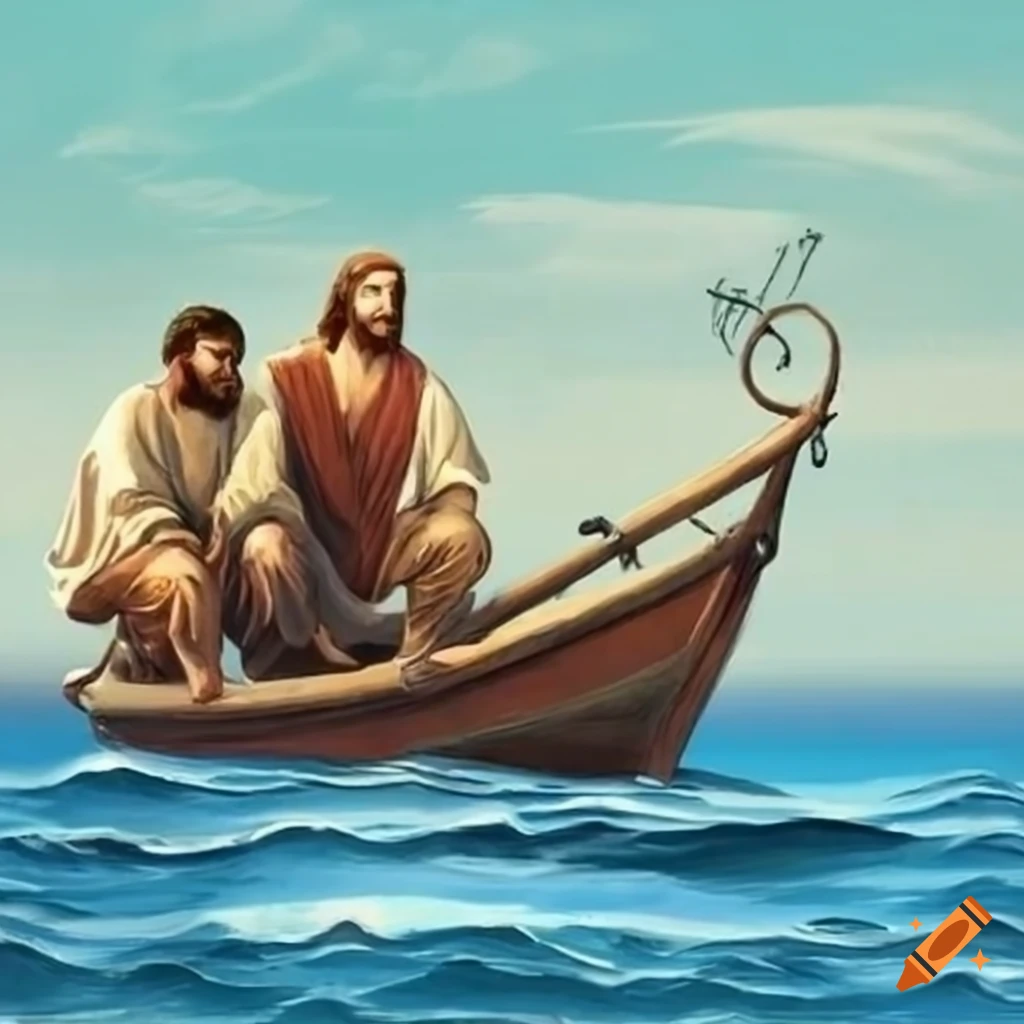 2 fishermen in a boat with jesus on Craiyon