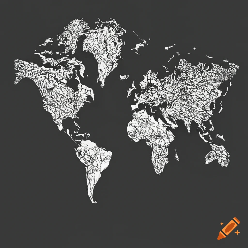 Black graphite sketch of world map on white background on Craiyon