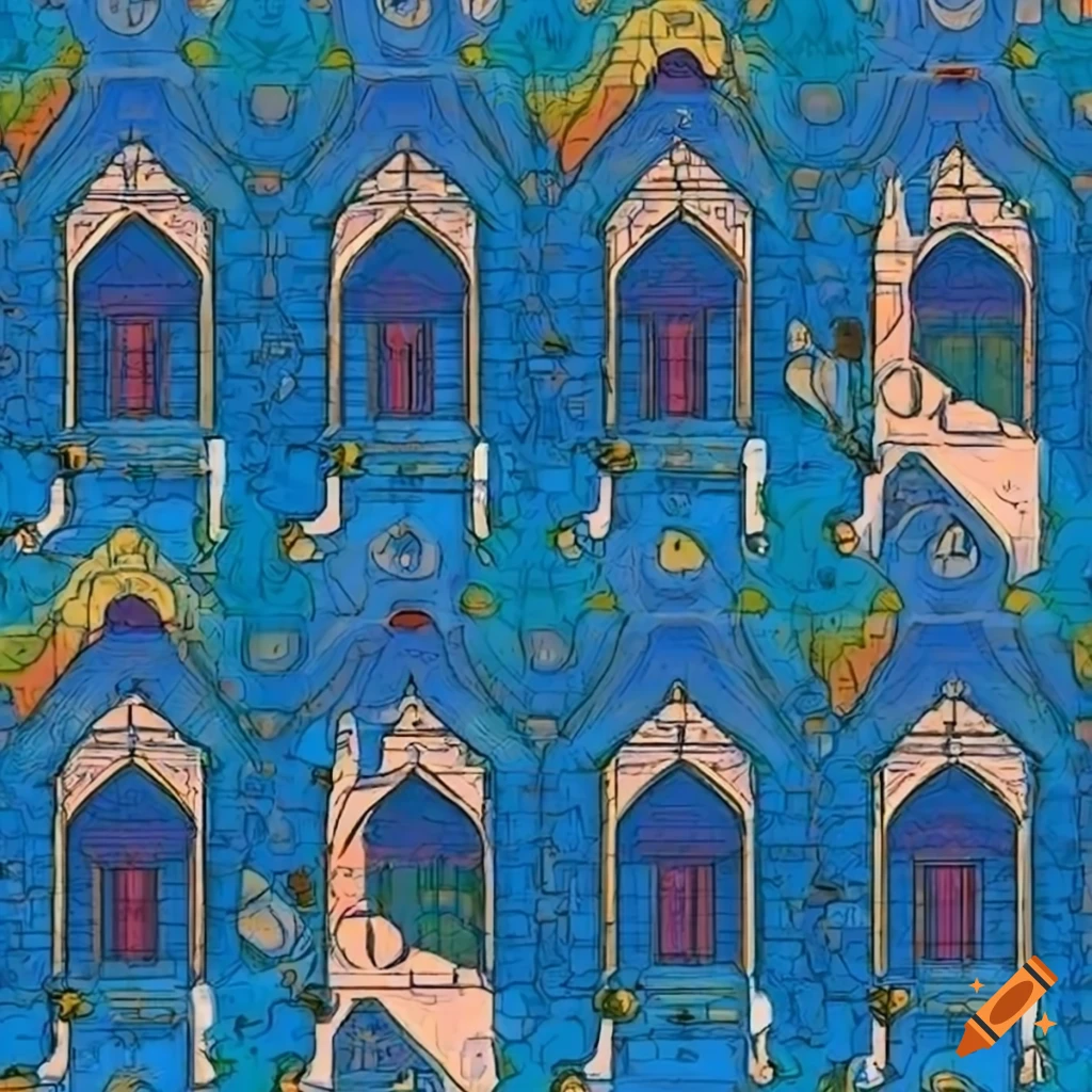 Moebius illustration of a futuristic temple with seamless texture on ...