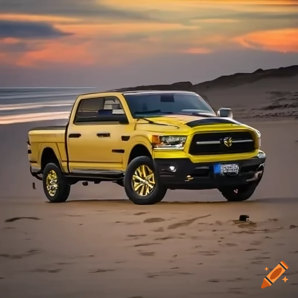 Yellow and black dodge ram 1500 truck in action on a beach at sunset on ...