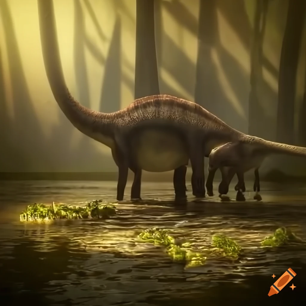 Hadrosaurus dinosaurs walking along a muddy lake bank in warm morning ...