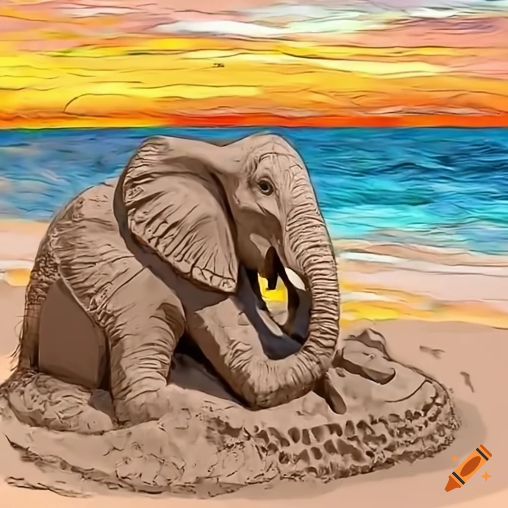Elephant sand sculpture on the beach during sunset on Craiyon