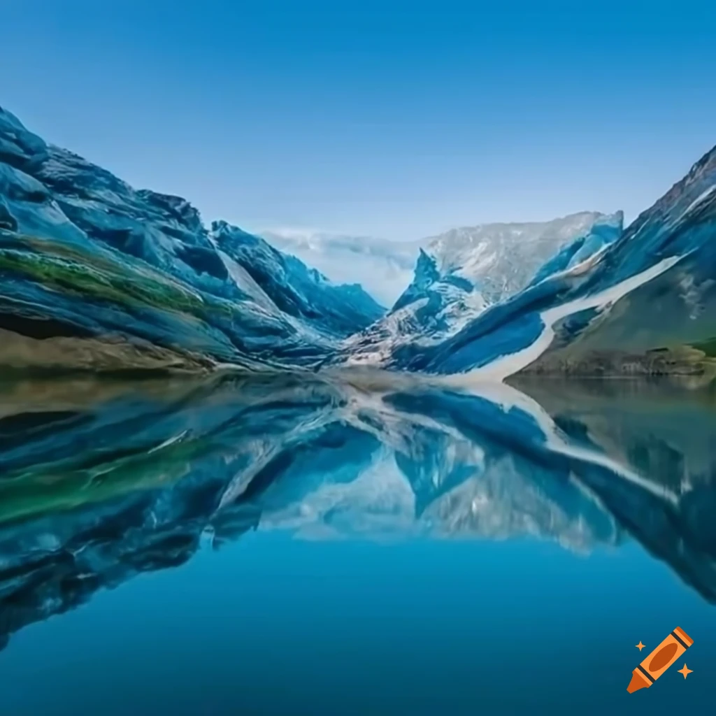 Peaceful glacial lake reflecting azure sky on Craiyon