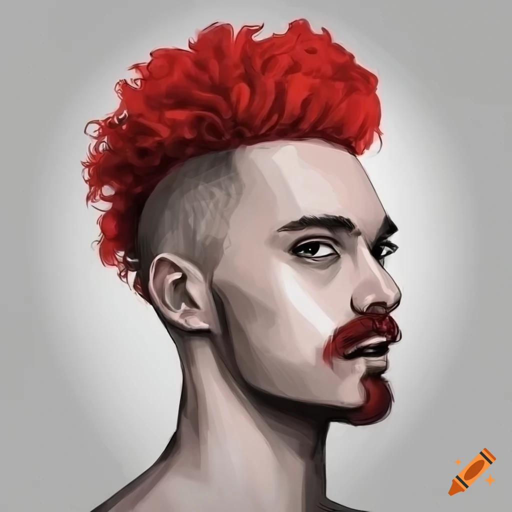 Man with red curly mohawk and goatee in black and white drawing on Craiyon