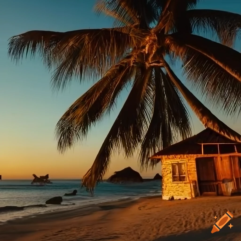 Remote beach with palm trees, tree cottage, and sunset on Craiyon