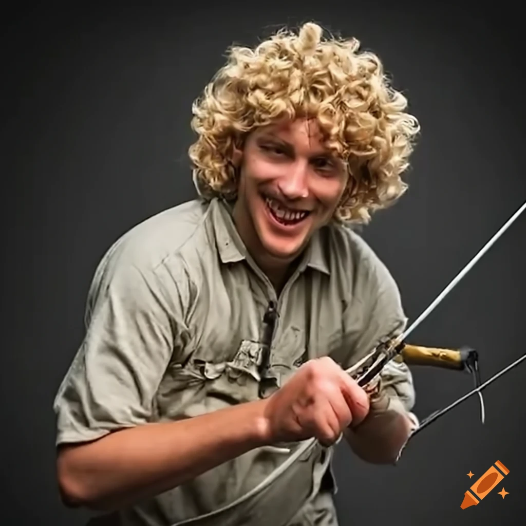 Excited curly haired man fly fishing and smiling on Craiyon