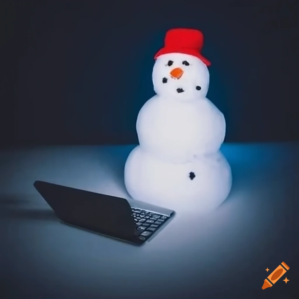 Snowman using a laptop in a snowy landscape on Craiyon