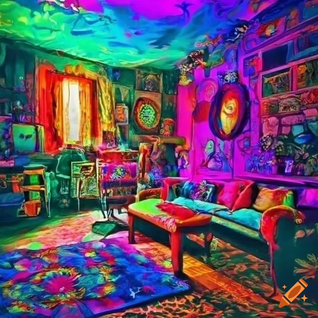 Colorful and vibrant psychedelic hippie room on Craiyon
