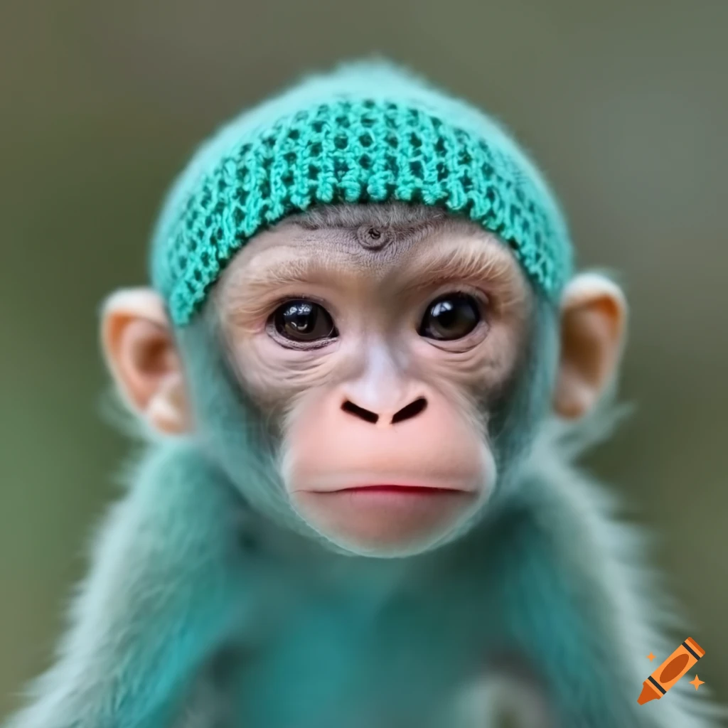 Adorable teal/green monkey face with a red and white dot pattern beanie ...