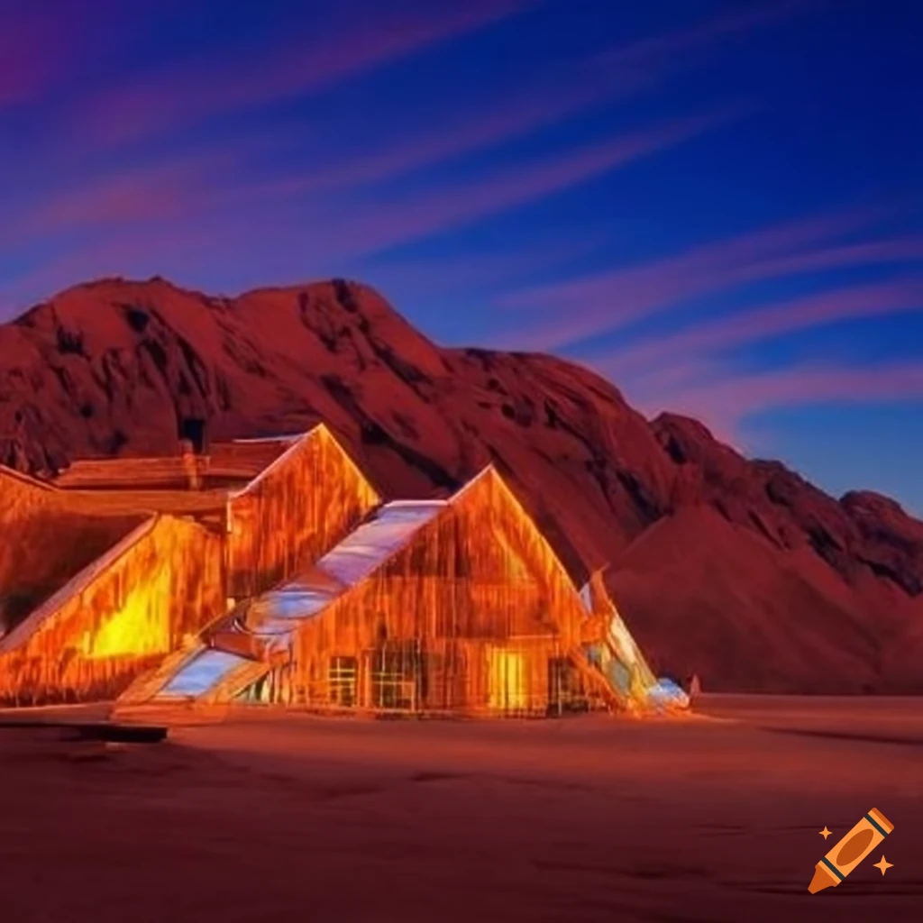 Taliesin west style building with iridescent cubic aspects on Craiyon