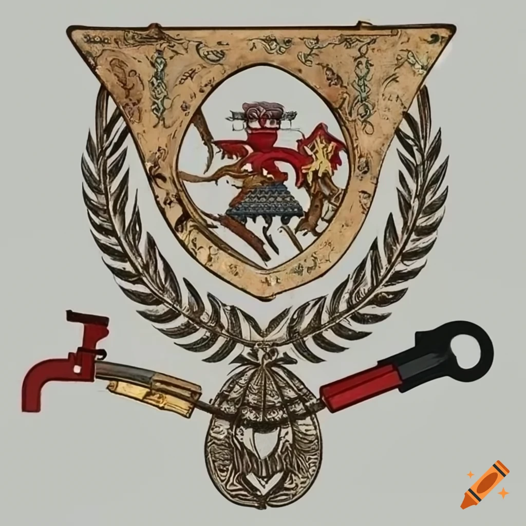 Coat of arms with laurel, welding torch, and pipe wrench on Craiyon