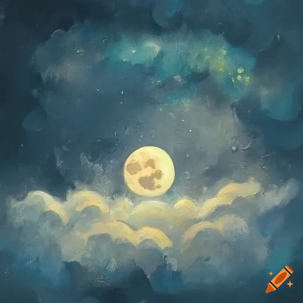 Moon and clouds in a misty night with music notes floating around on ...