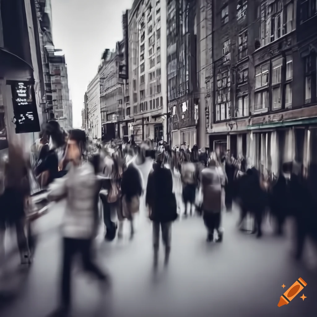 Busy city street with blurred rushing people in a depth of field effect ...