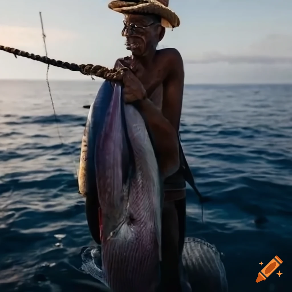 Old cuban man with yankees hat fishing for tuna in the sea on Craiyon