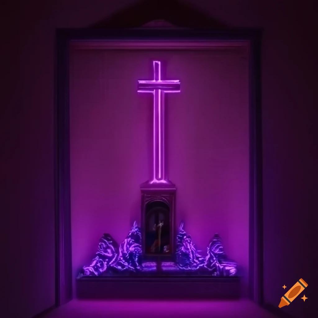 Neon altar in a religious setting on Craiyon
