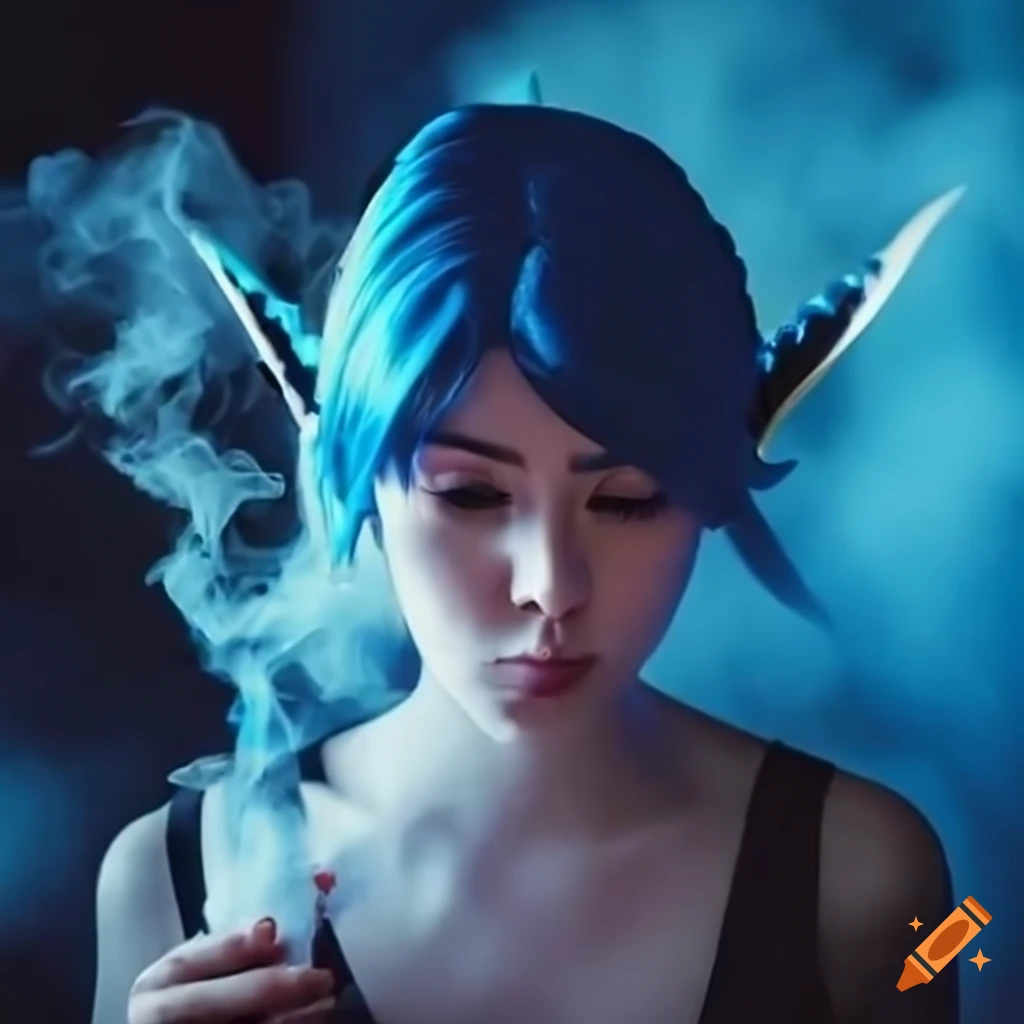 Woman cosplaying as vaporeon from pokemon exhaling smoke from vape on ...