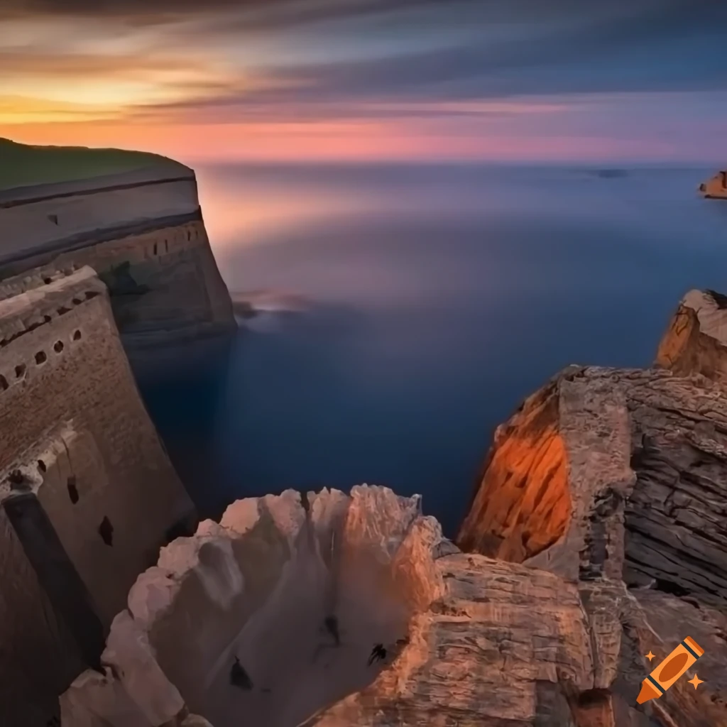 Detailed and realistic fort in natural surroundings during sunset on ...