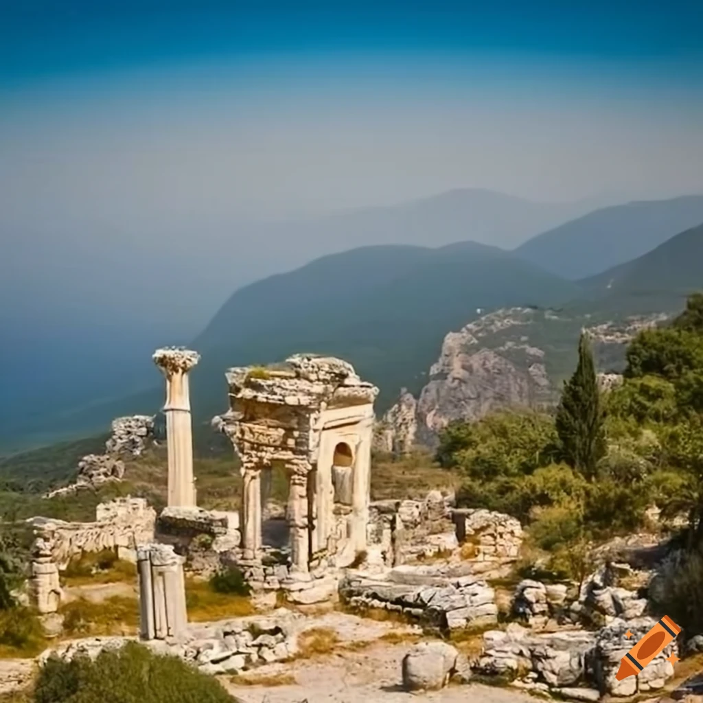 Aerial view of ancient greek ruins in turkish mountains near ephesus on ...