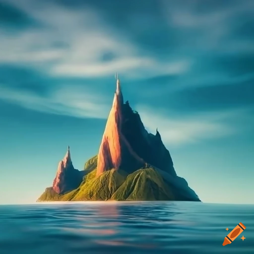 Tall mountain on an island in the ocean reaching up to the heavens on ...