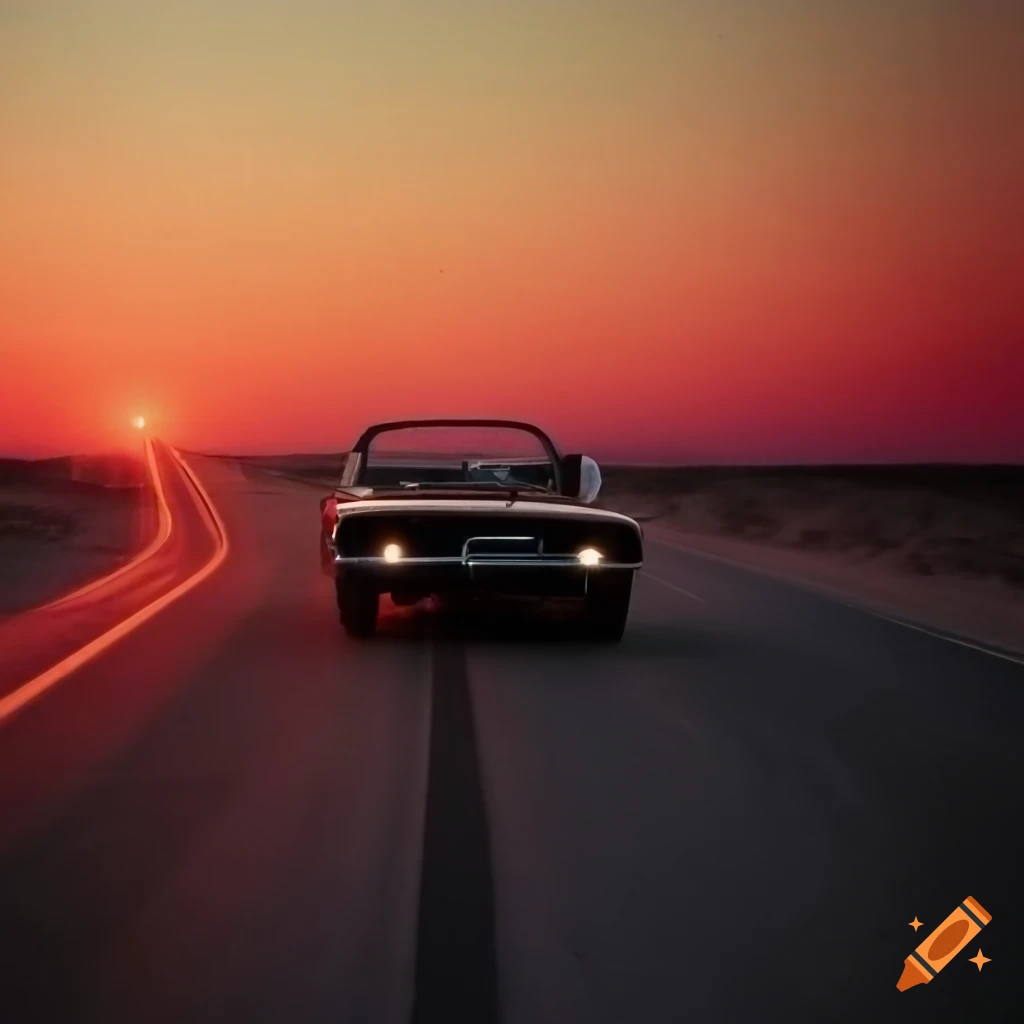 Vintage convertible car on route 66 at sunset on Craiyon