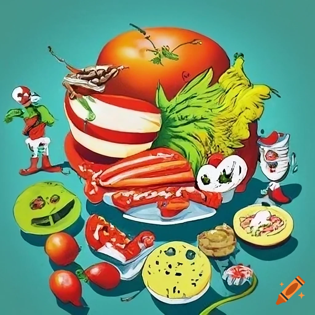 Colorful humorous illustration of a table full of healthy food in a ...