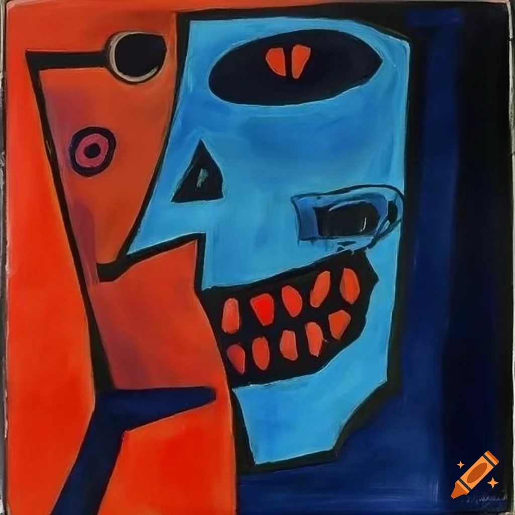 Cubism painting in deep indigo and pitch featuring a laughing skull by ...