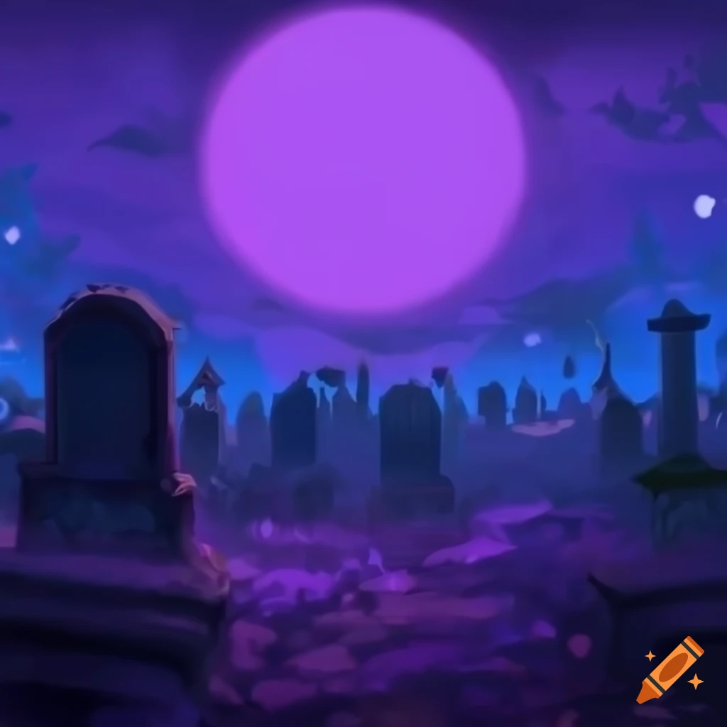 Vtuber graveyard background with purple and blue hues at dusk on Craiyon