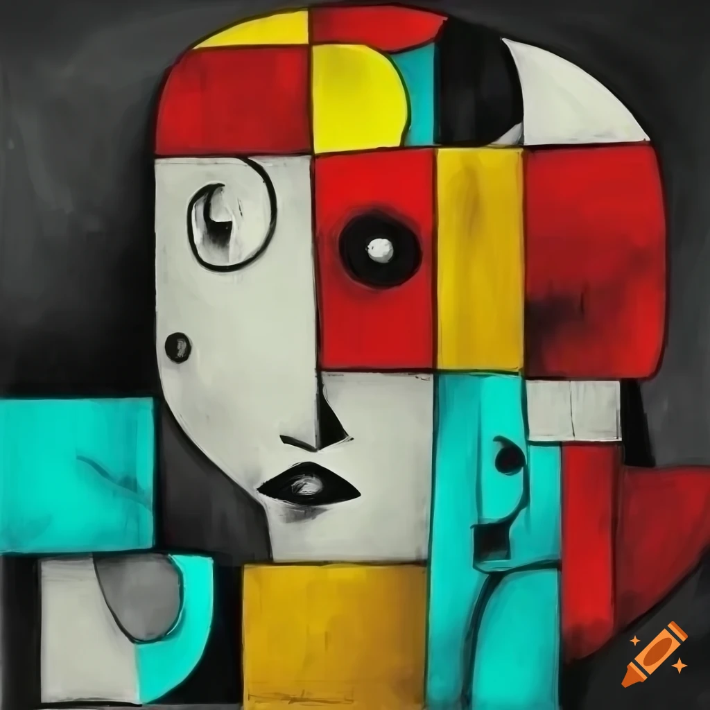 Surrealistic cubist black and white scribbles with red, yellow, and ...