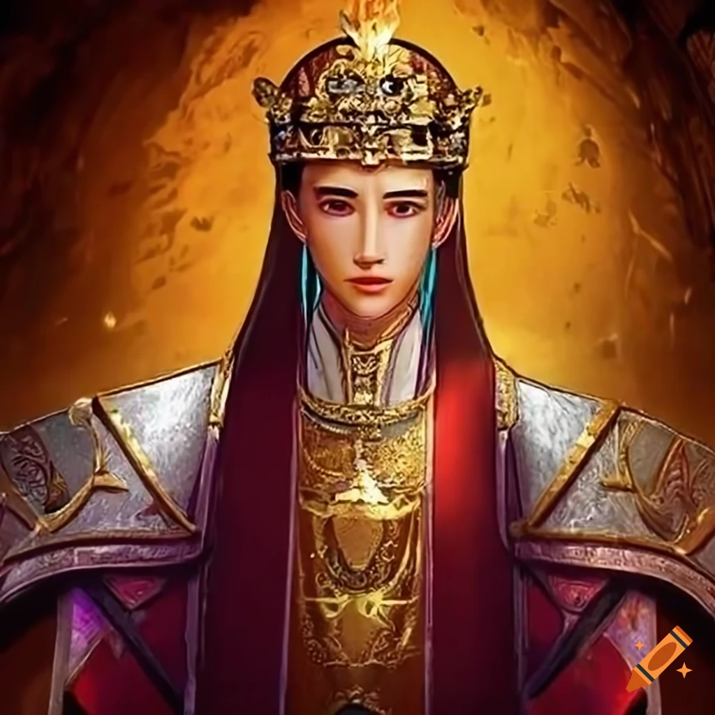 Portrait of a young king on his throne with a golden crown and robes on ...