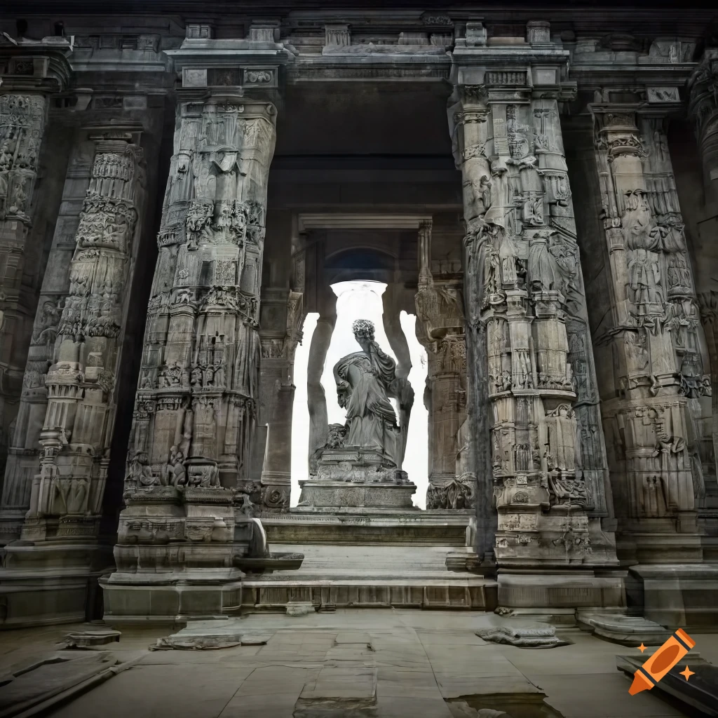 Dark temple with ornate tapestries and a statue of a winged knight on ...