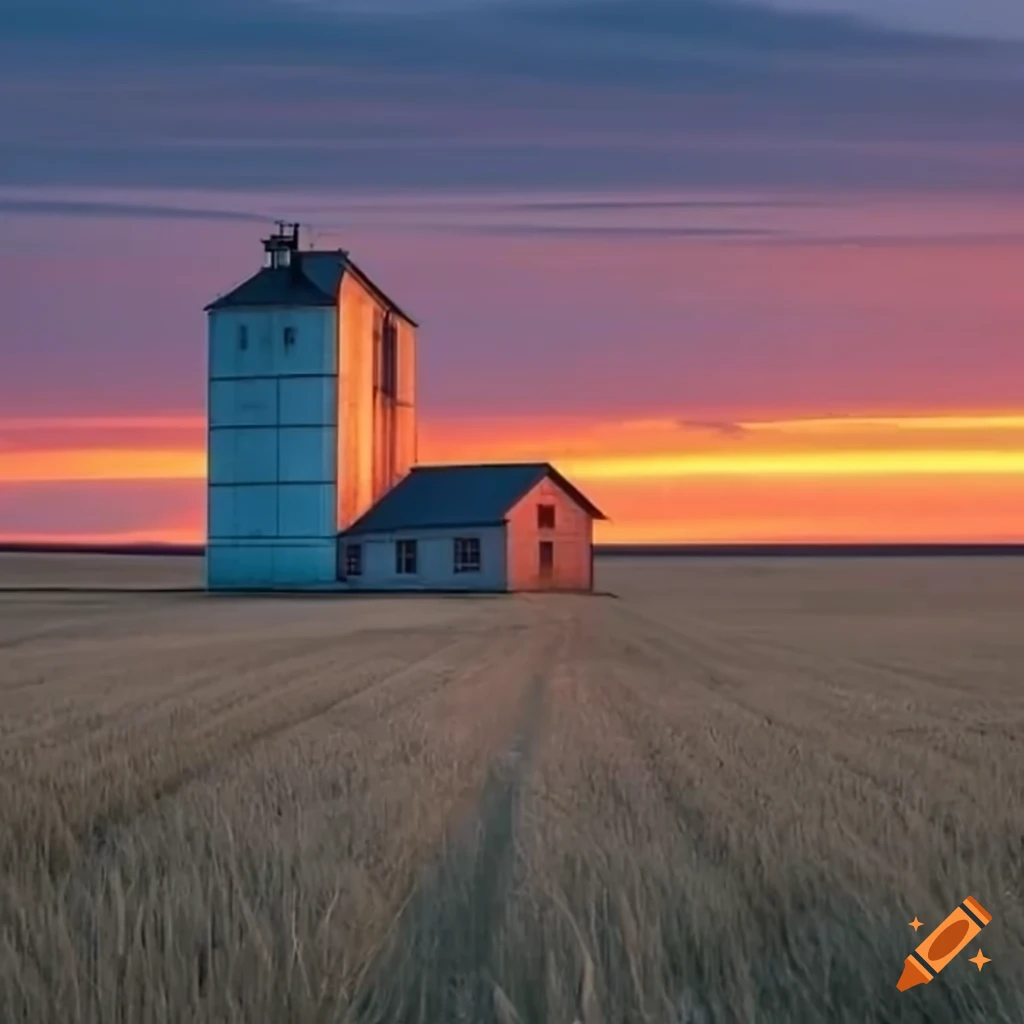 Beautiful grain silo in an open field at sunrise on Craiyon