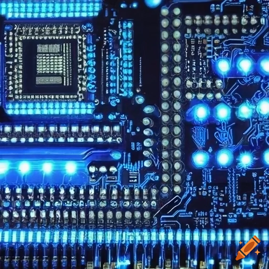 Blue pcb board with lights on Craiyon