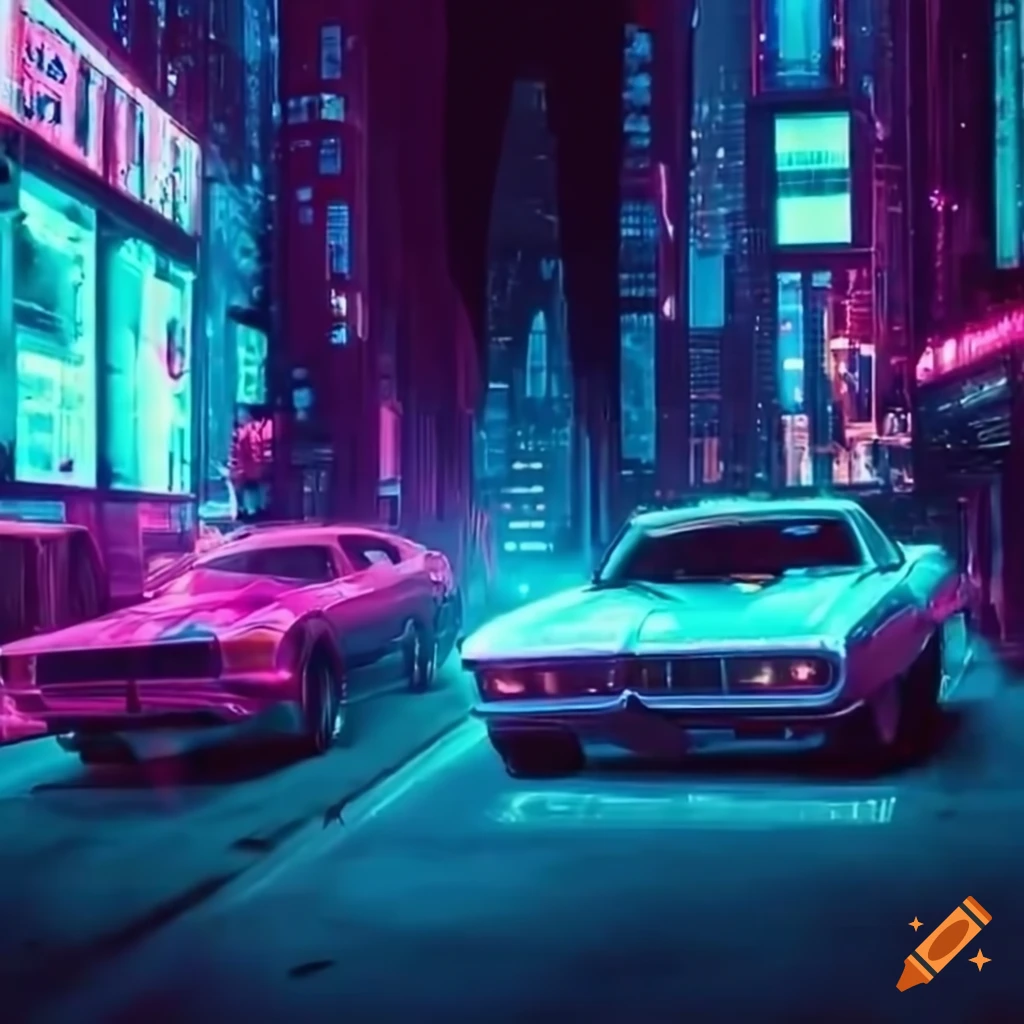 Two muscle cars driving in a neon-lit city with smoke, ultra realistic ...
