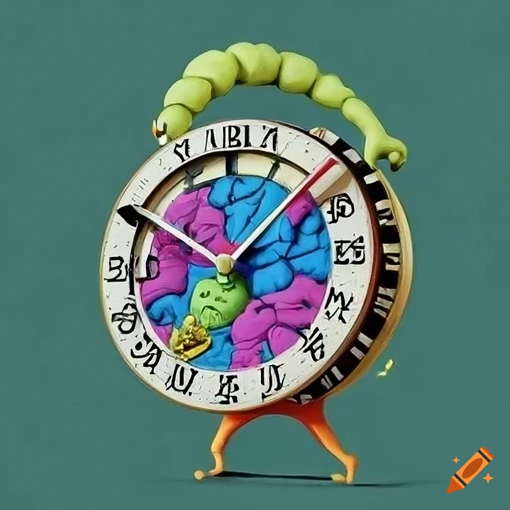 Colorful humorous book illustration of a clock with reptilian ...