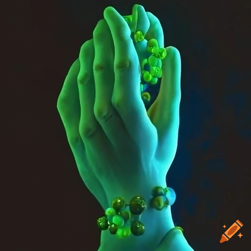 Praying hands with neon rosary beads on Craiyon