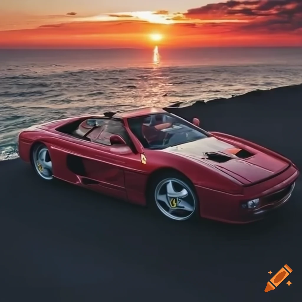 Ferrari 348 against an ocean sunset on Craiyon