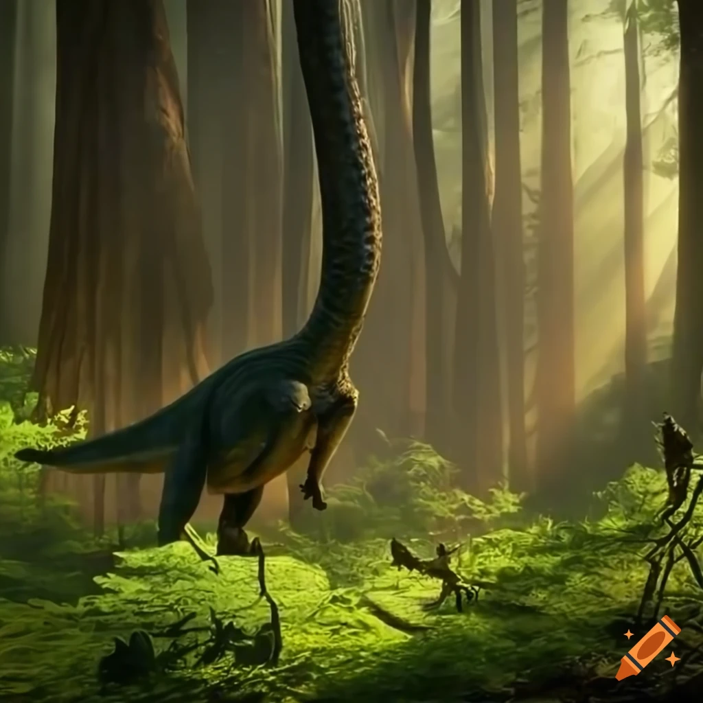 Hadrosaurus dinosaurs in a cedar forest clearing with intense warm morning light on Craiyon