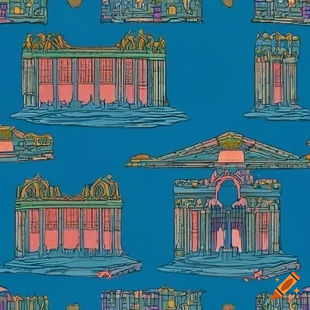 Moebius illustration of a futuristic temple with seamless texture on ...