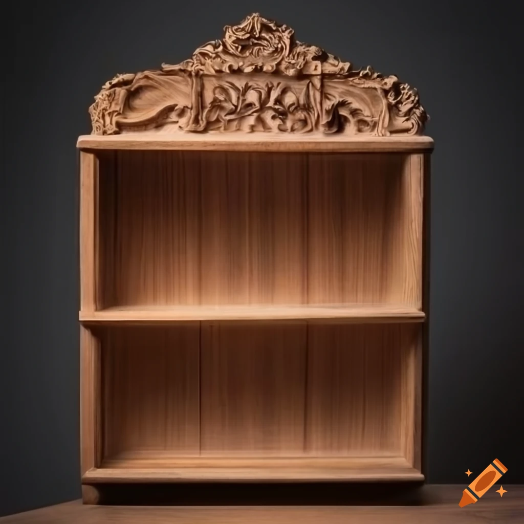 Detailed carved wooden shelf with front view on Craiyon